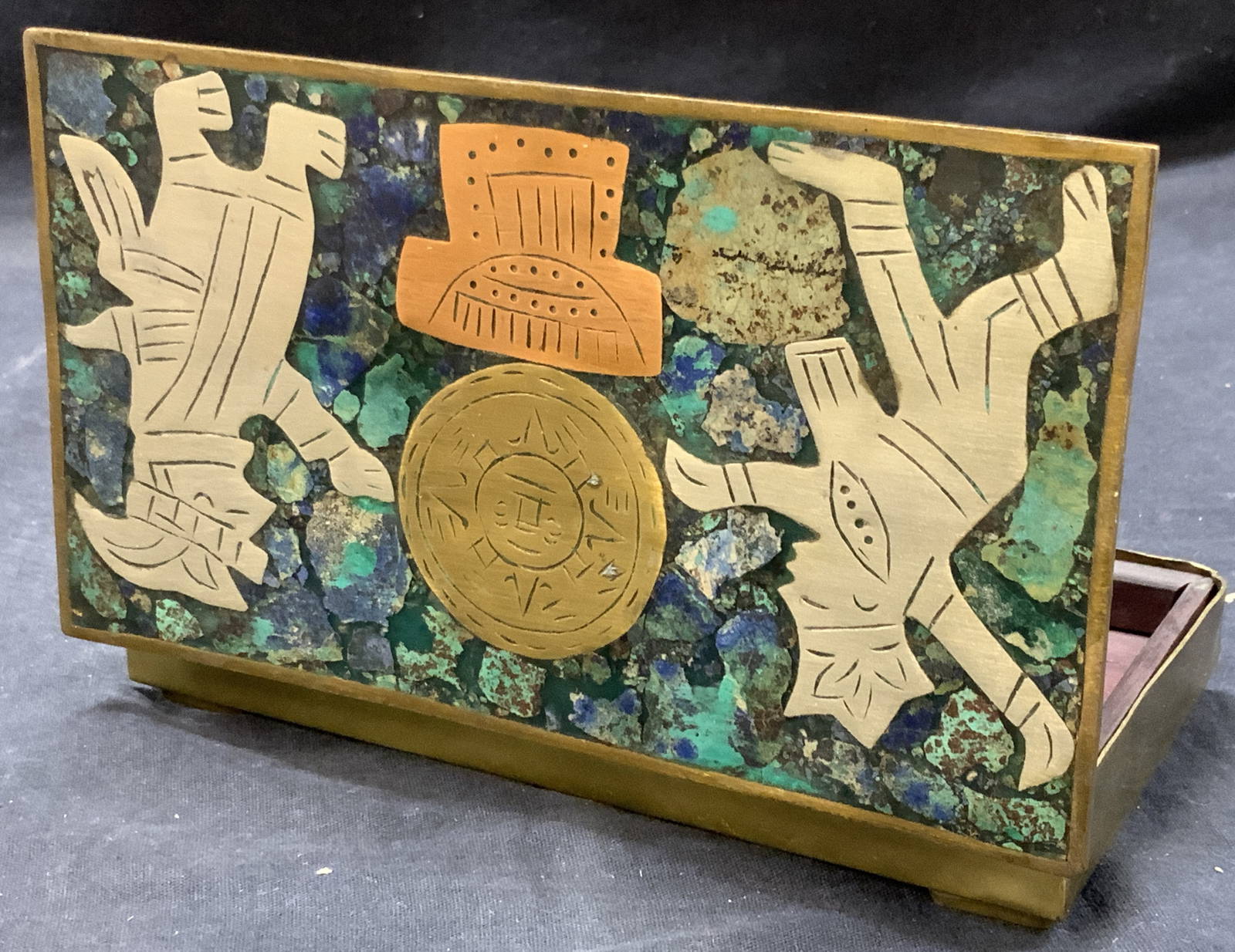 Brass & Stone Aztec Style Trinket Box, Mexico Auction