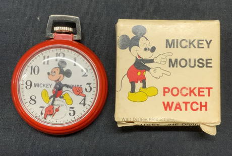 Vtg Bradley Mickey Mouse Pocket Watch W Box