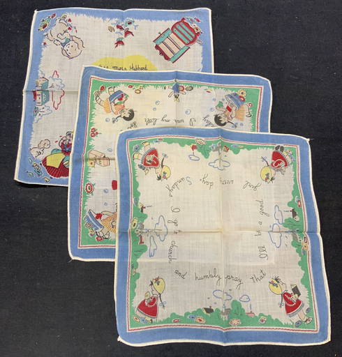 Lot 3 Vintage Cotton Nursery Rhyme Handkerchiefs