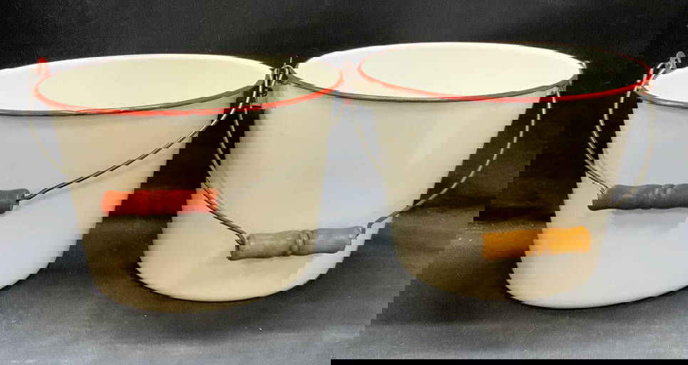 Near Pair Vintage Enameled Cast Iron Buckets