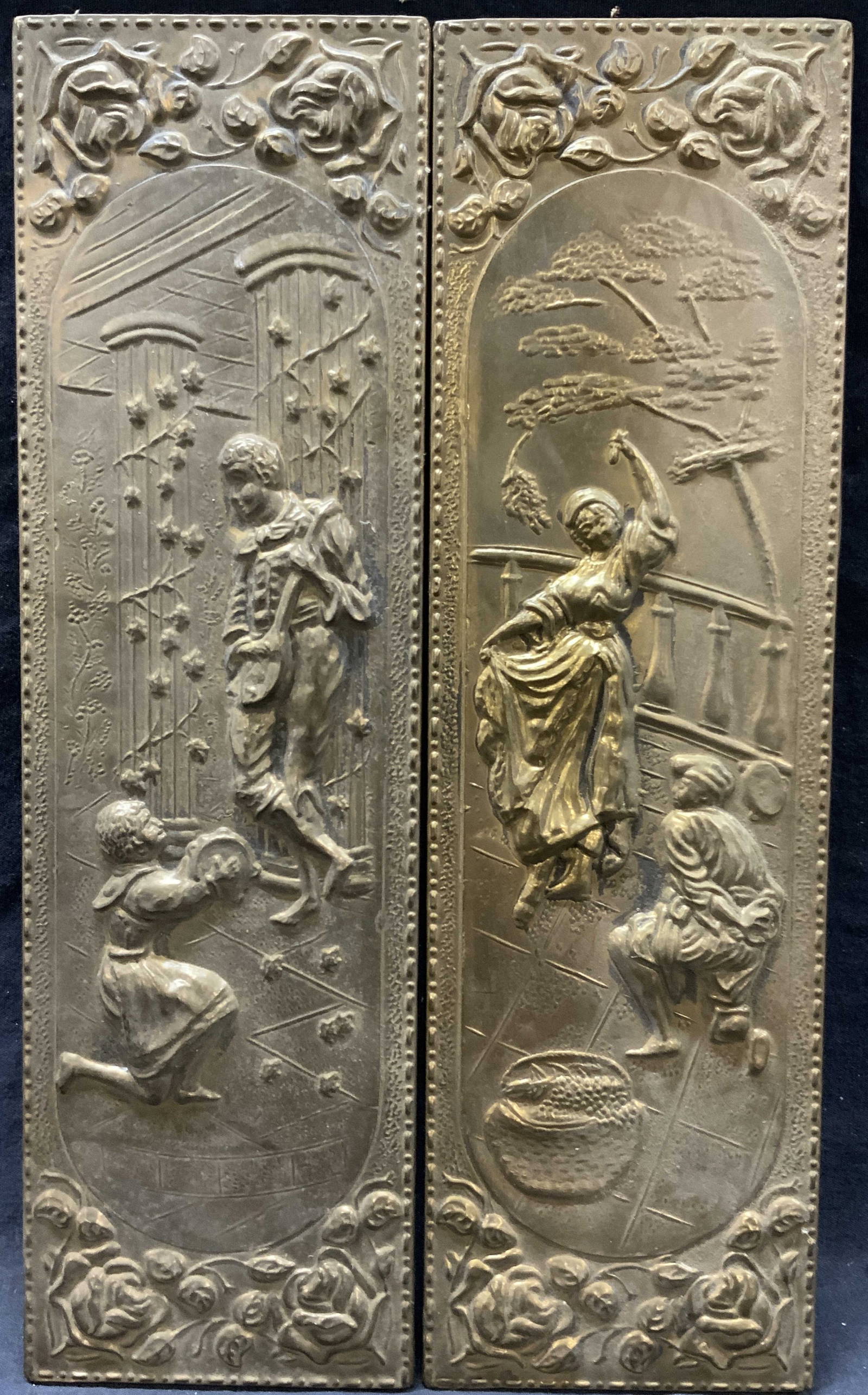 Pair Vintage Embossed Brass Wall Plaques England Auction