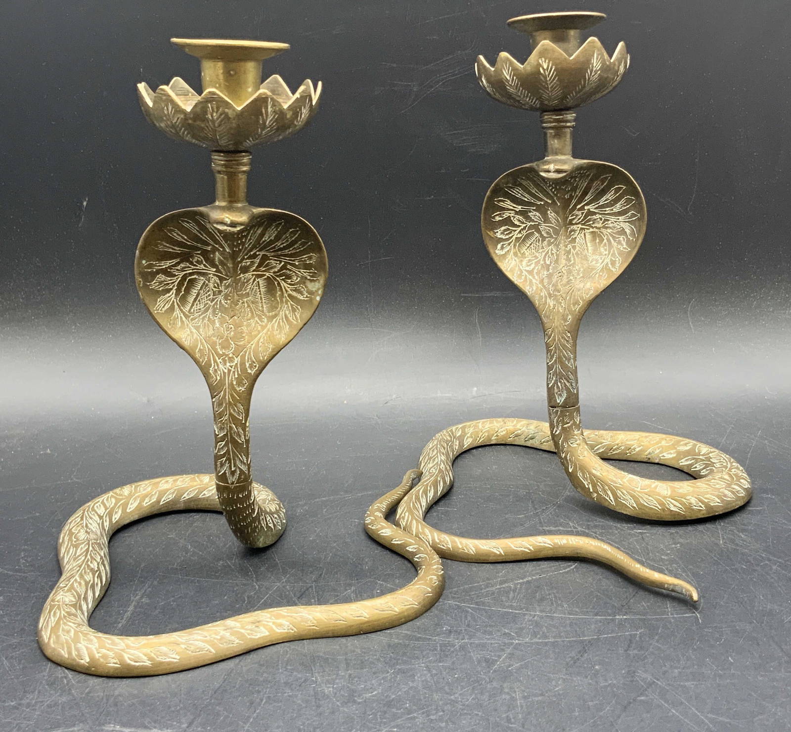Pair Vintage Etched Brass Cobra Candlesticks Auction