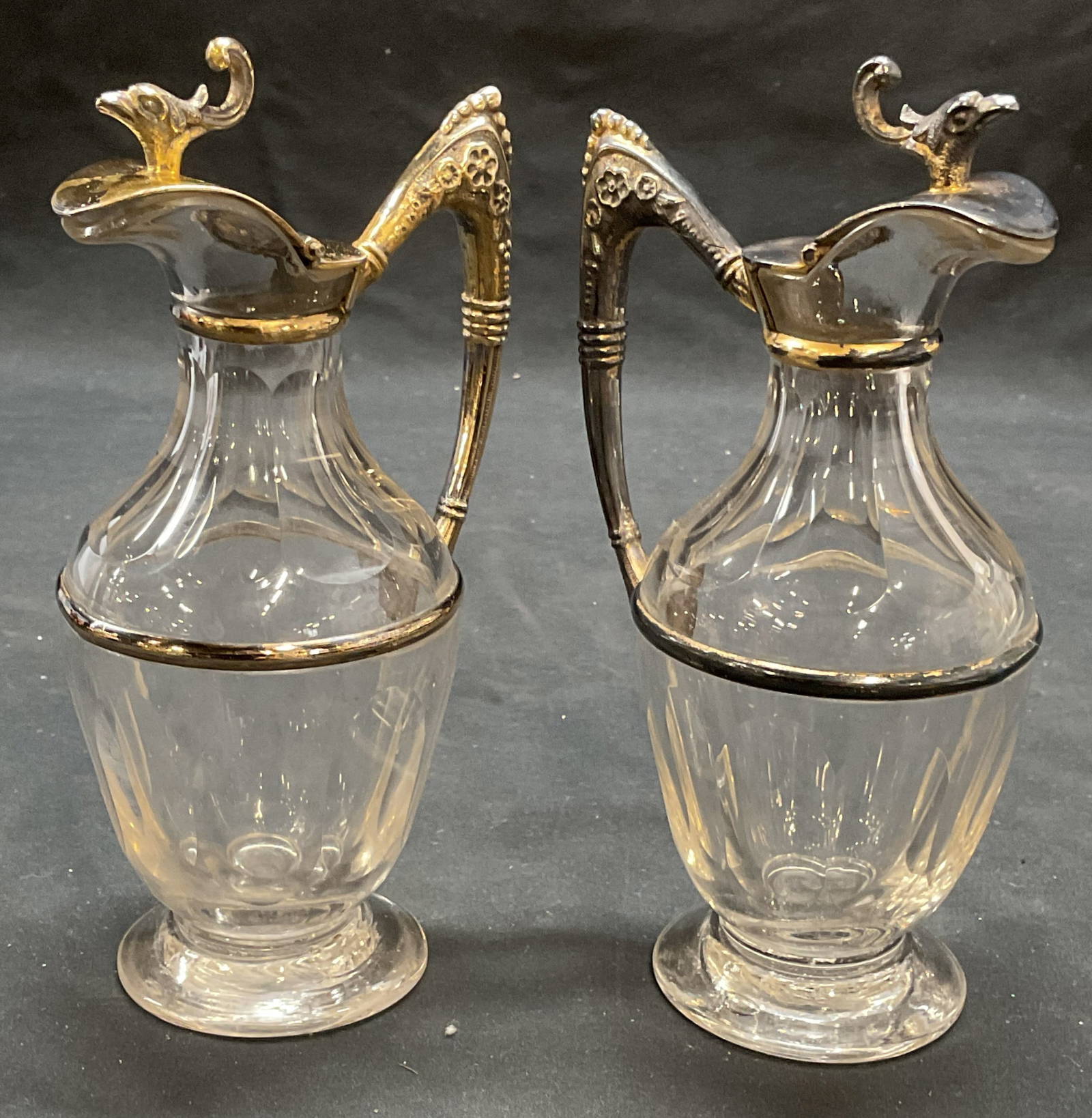 Pair Vtg Glass & Gilt Silver Tn Condiment Cruets Auction
