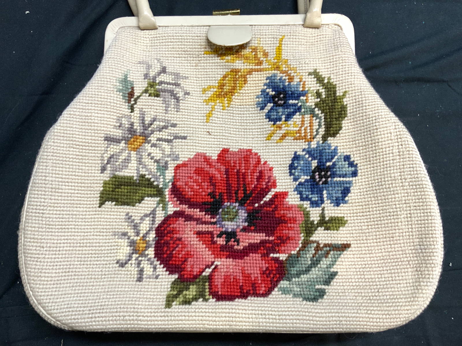 Vintage Floral Needlepoint Purse Tan Auction