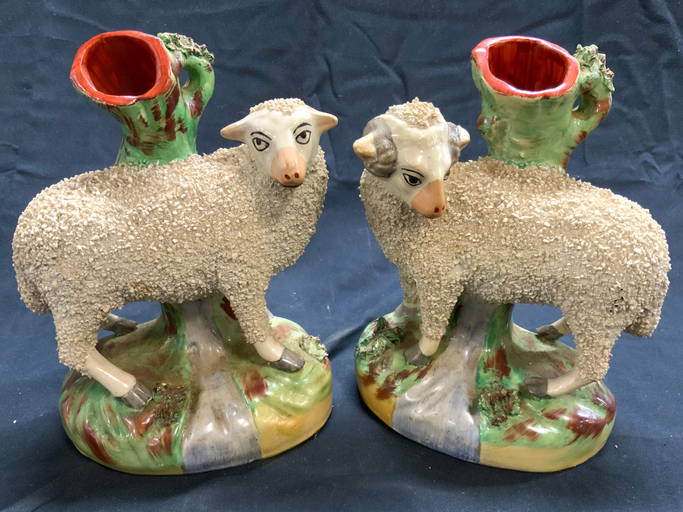 Staffordshire Ware Pr Vtg Cer Sheep Spill Vases