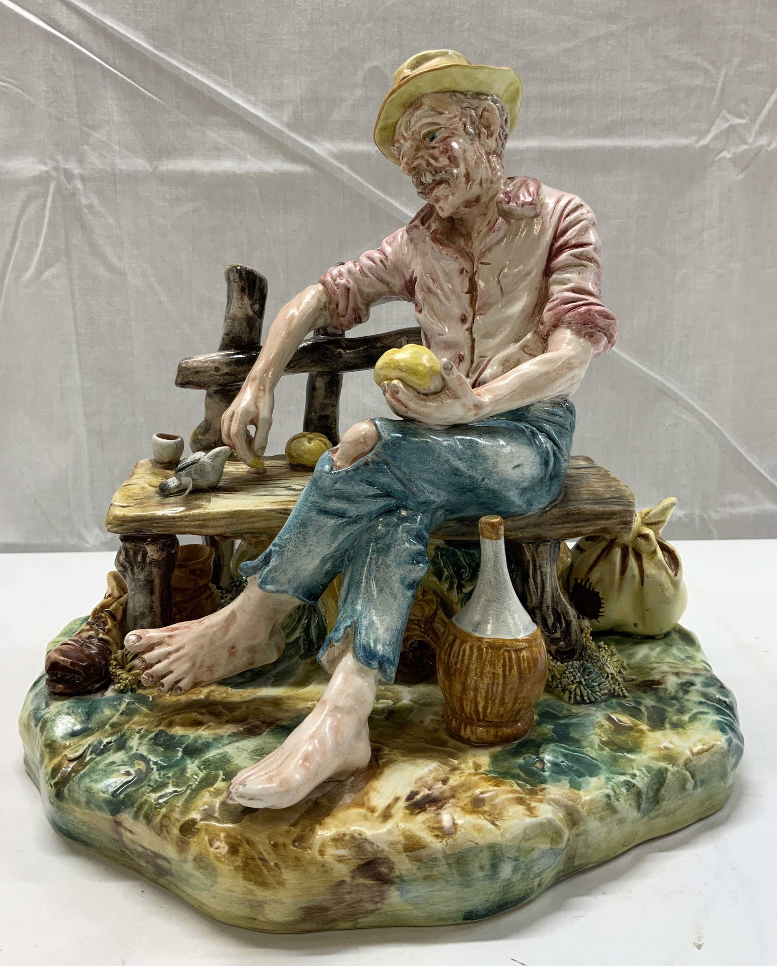 Capodimonte Porcelain Bench Figurine Man Italy Auction