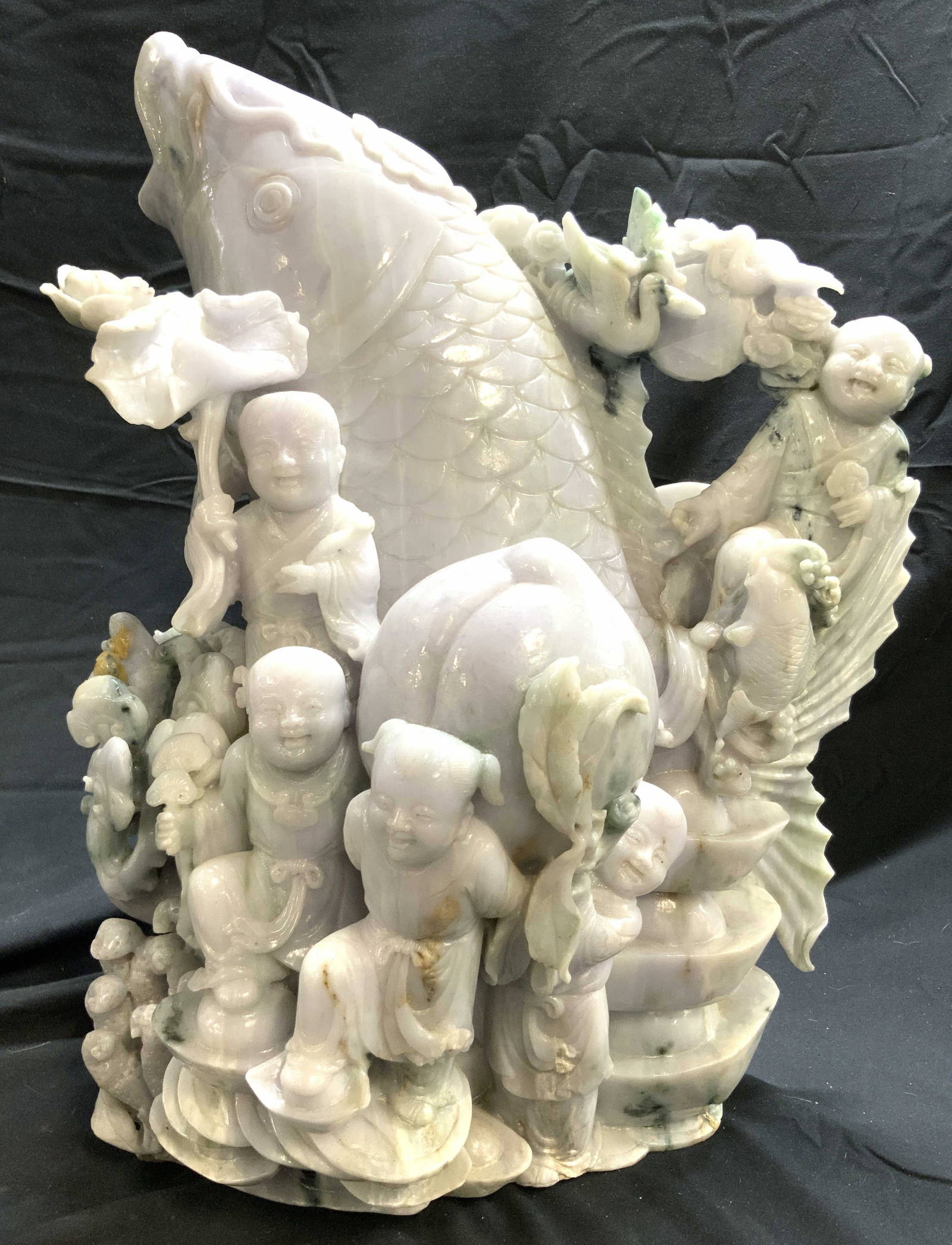 Dushan Green Jade Koi Fish W Buddhist Monks 18 In Auction