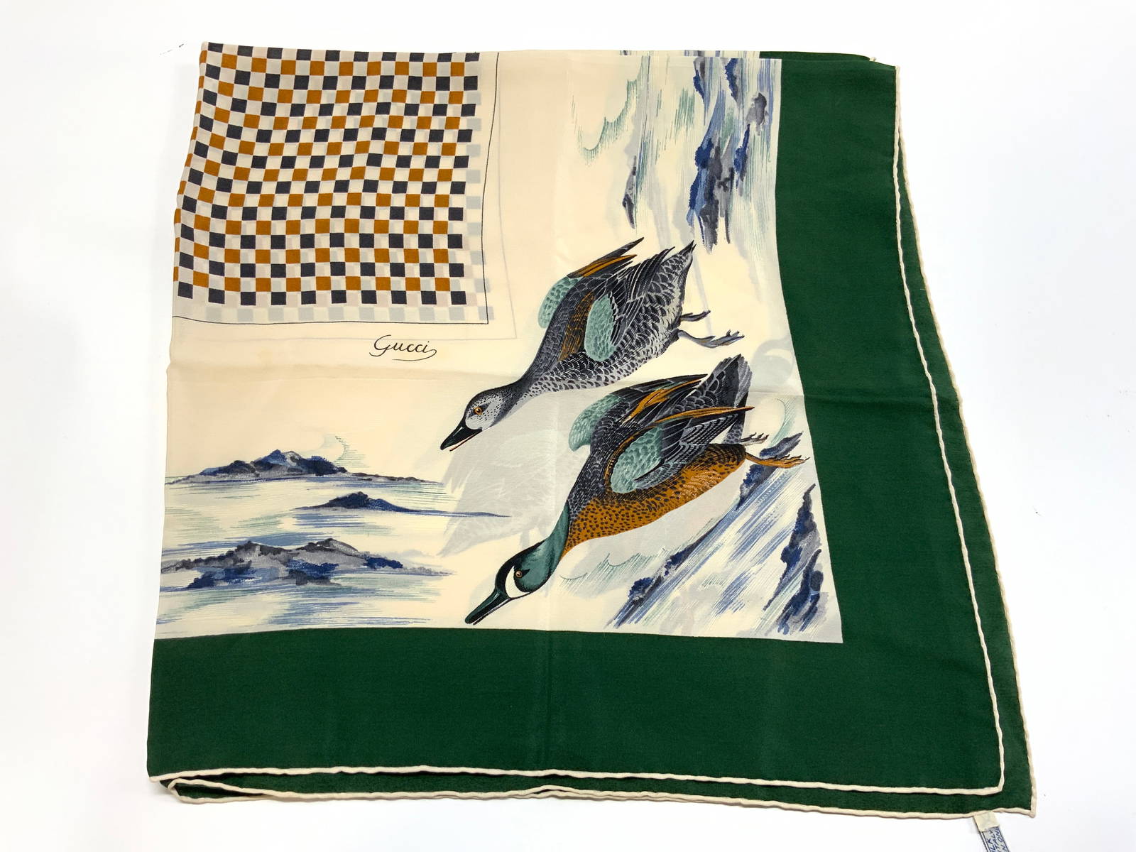 Gucci Duck & Checkered Print Silk Scarf Italy Auction