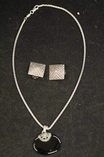Sterling & Black Onyx Necklace & Marquisite Earrin