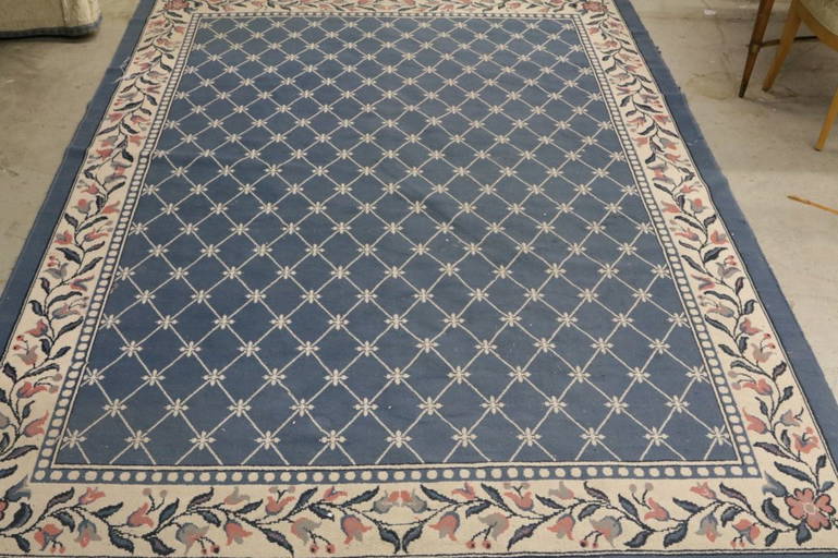 Large Blue Rug With Floral Border & Trellis Center