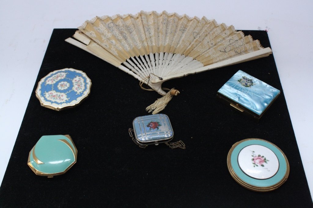 Vintage Ladies Group Of Blue Compacts And Fan