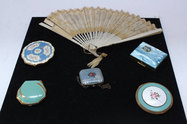 Vintage Ladies Group Of Blue Compacts And Fan