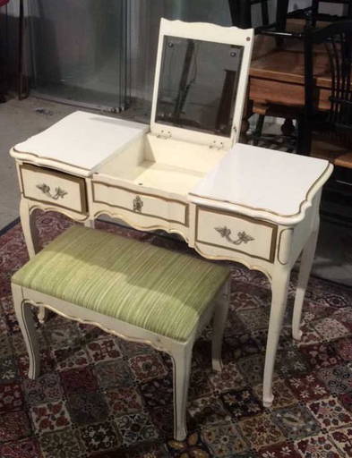 Vintage White & Gold Vanity With Bench