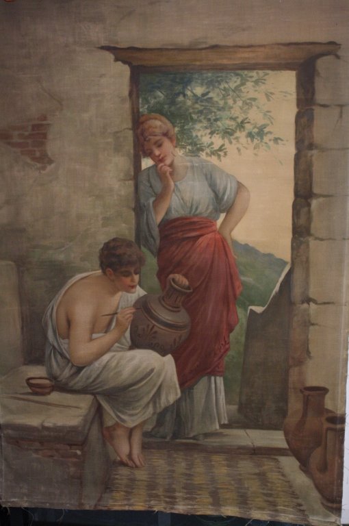 Antique Pre-Raphaelite Tempera Painting on Fabric