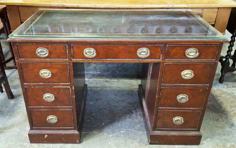 Vintage Glass Topped Desk With Leather Inlay