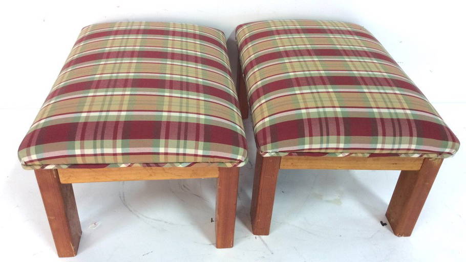 Pair Plaid Upholstered Foot Stools
