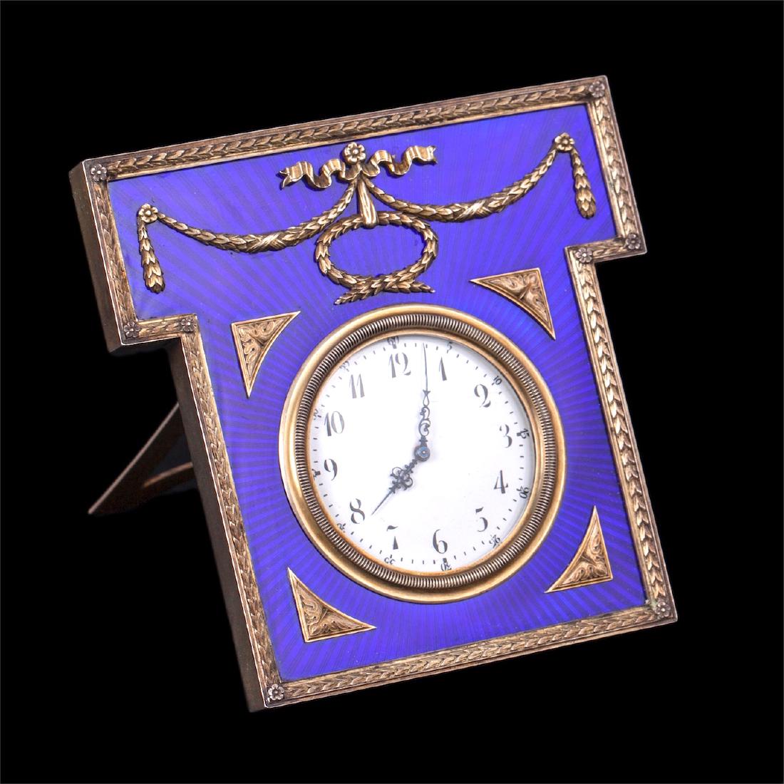 Russian guilloche enamel desk clock, K.Faberge