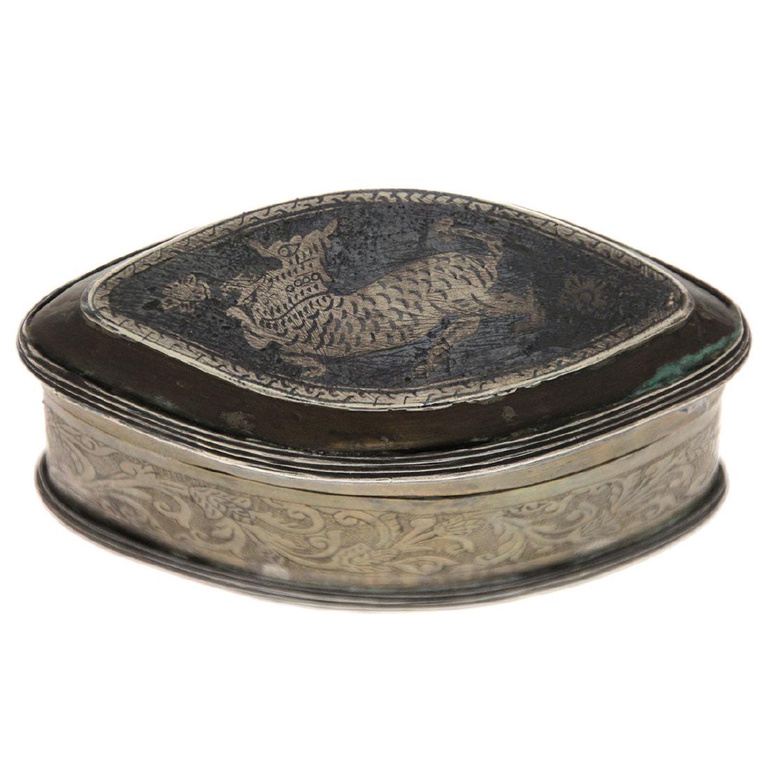 Antique Oriental Brass And Niello Snuff Box.