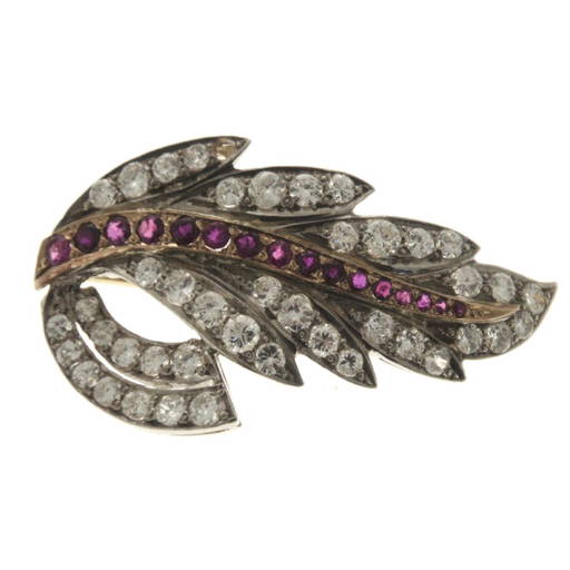 Antique 14k Gold Diamond And Ruby Brooch.