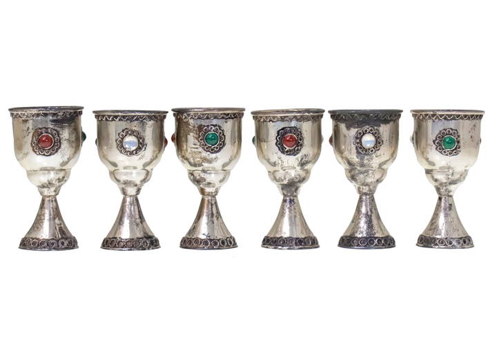 Set Of 6 Sterling Silver Goblets Set With Gemstones.