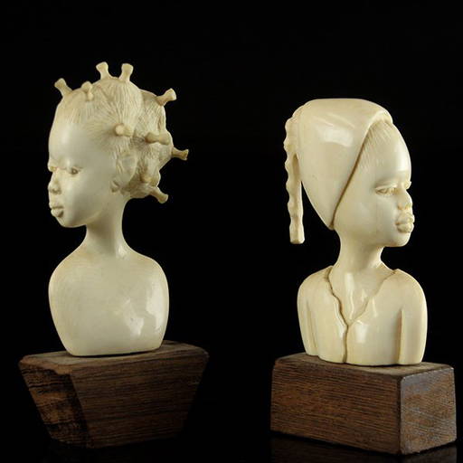 Two Carved African Ivory Bust Of Young Women