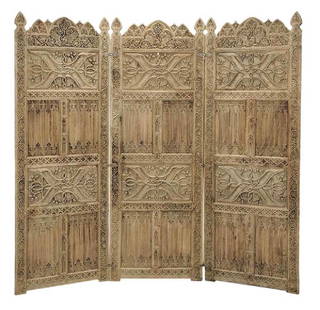 Gothic Style Carved Oak Three Panel Room Screen