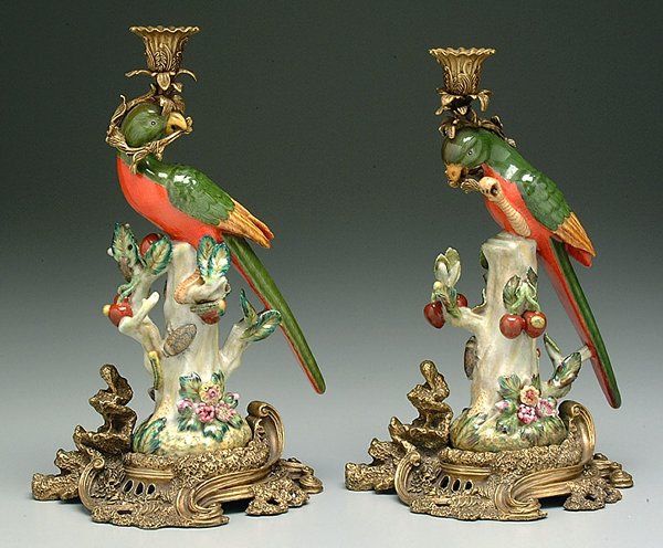 Pair Porcelain Parrot Candlesticks,
