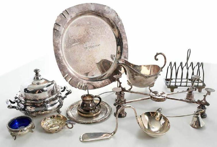 Thirteen Pieces Silver Plate Holloware