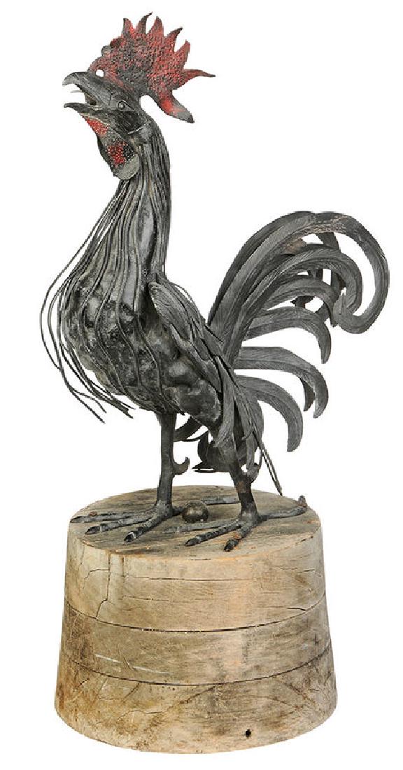 Folk Art Wrought Iron Figure Of Crowing Rooster