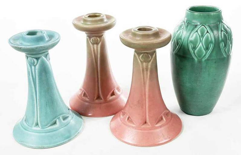 Three Rookwood Art Pottery Candlesticks And Vase