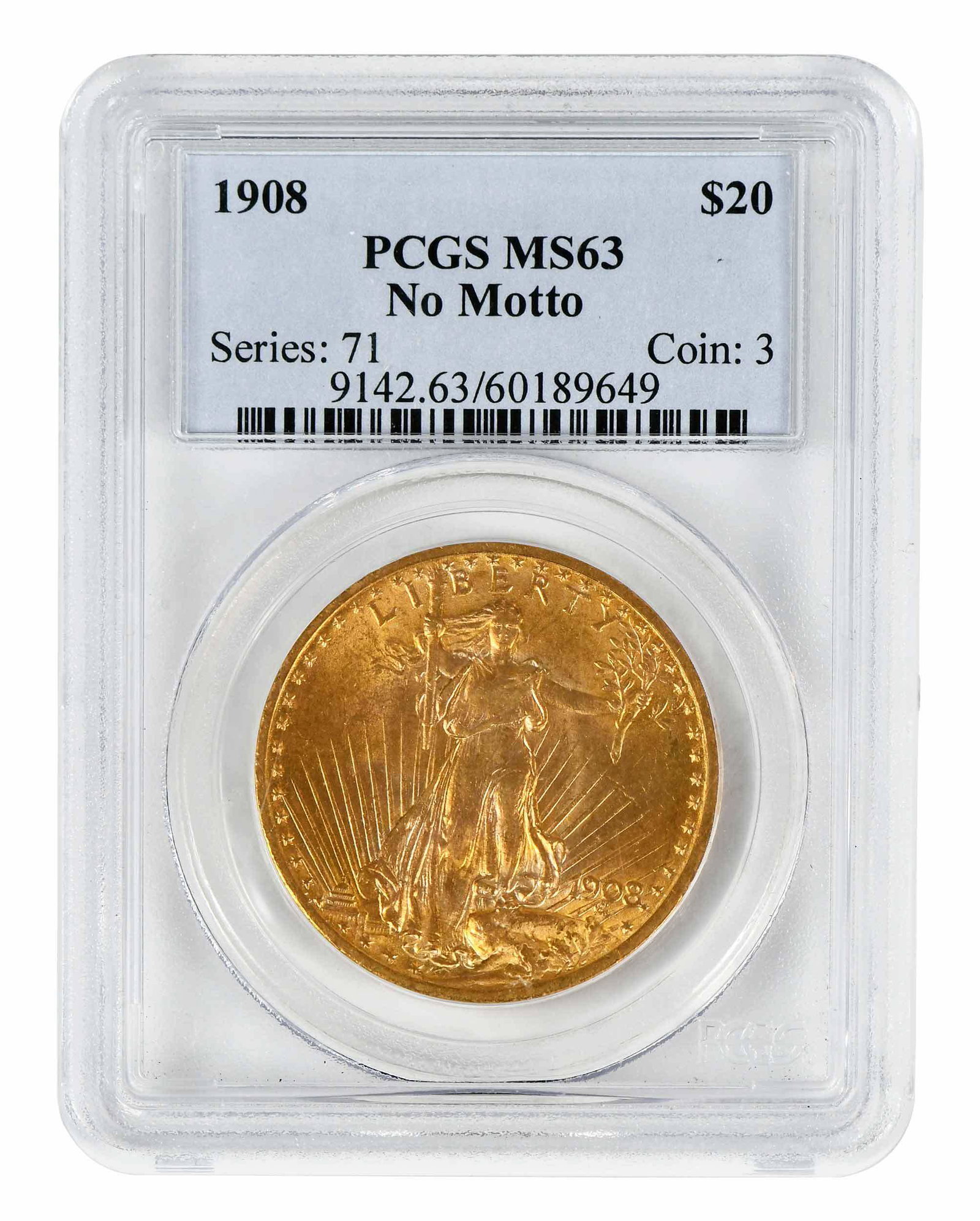 1908 No Motto St. Gaudens $20 Gold Coin
