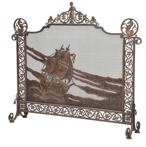 Art Deco Bronze And Iron Ship Fire Screen Attributed To Oscar Bruno Bach