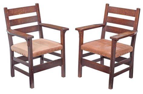 Pair Gustav Stickley Oak Ladder Back Chairs