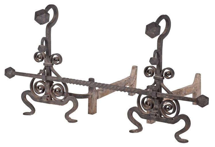 Wrought Iron Andiron Set With Bar