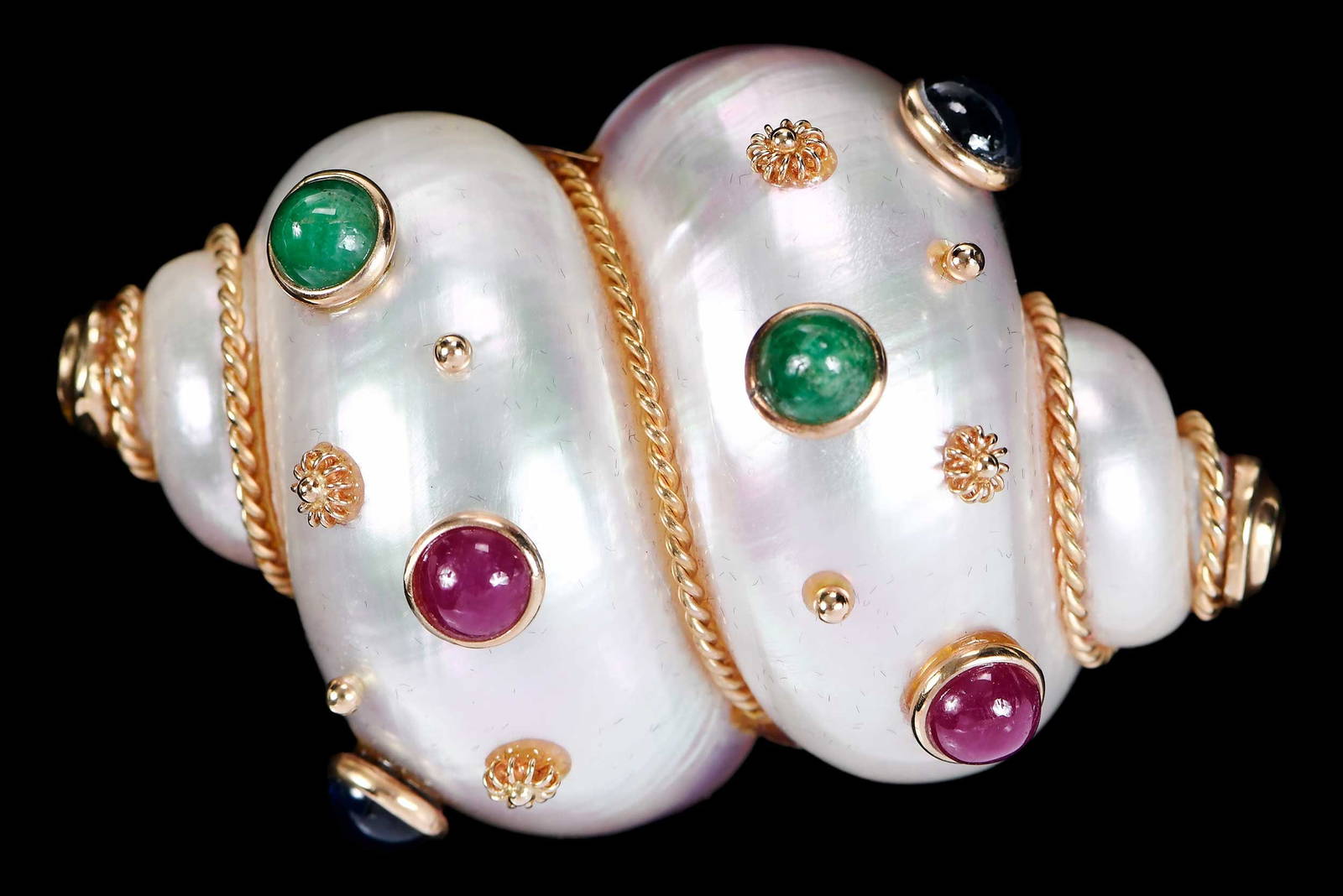 14kt. Maz Turbo Shell, With Ruby, Blue Sapphire And Emerald Brooch Auction