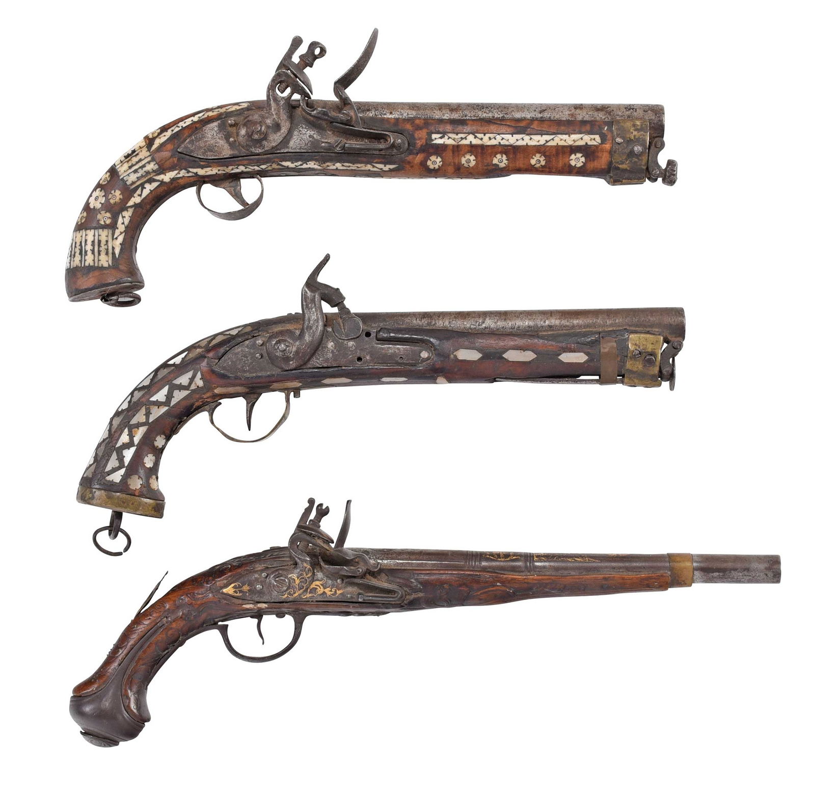 Three Ornate Turkish Pistols