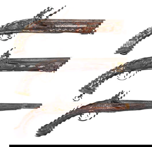 Three Ornate Turkish Pistols