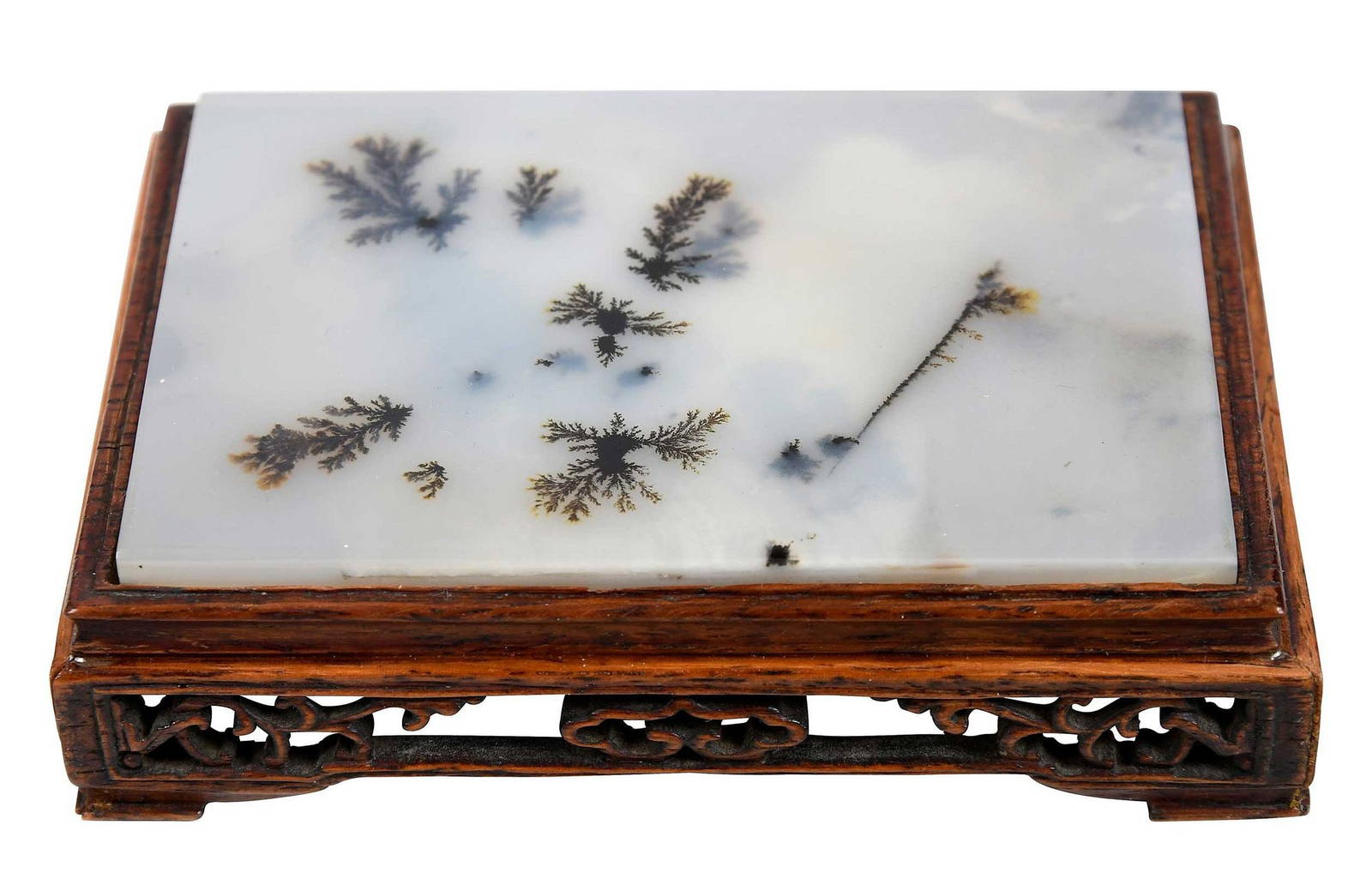 Chinese Moss Agate Plaque On Rosewood Stand Auction