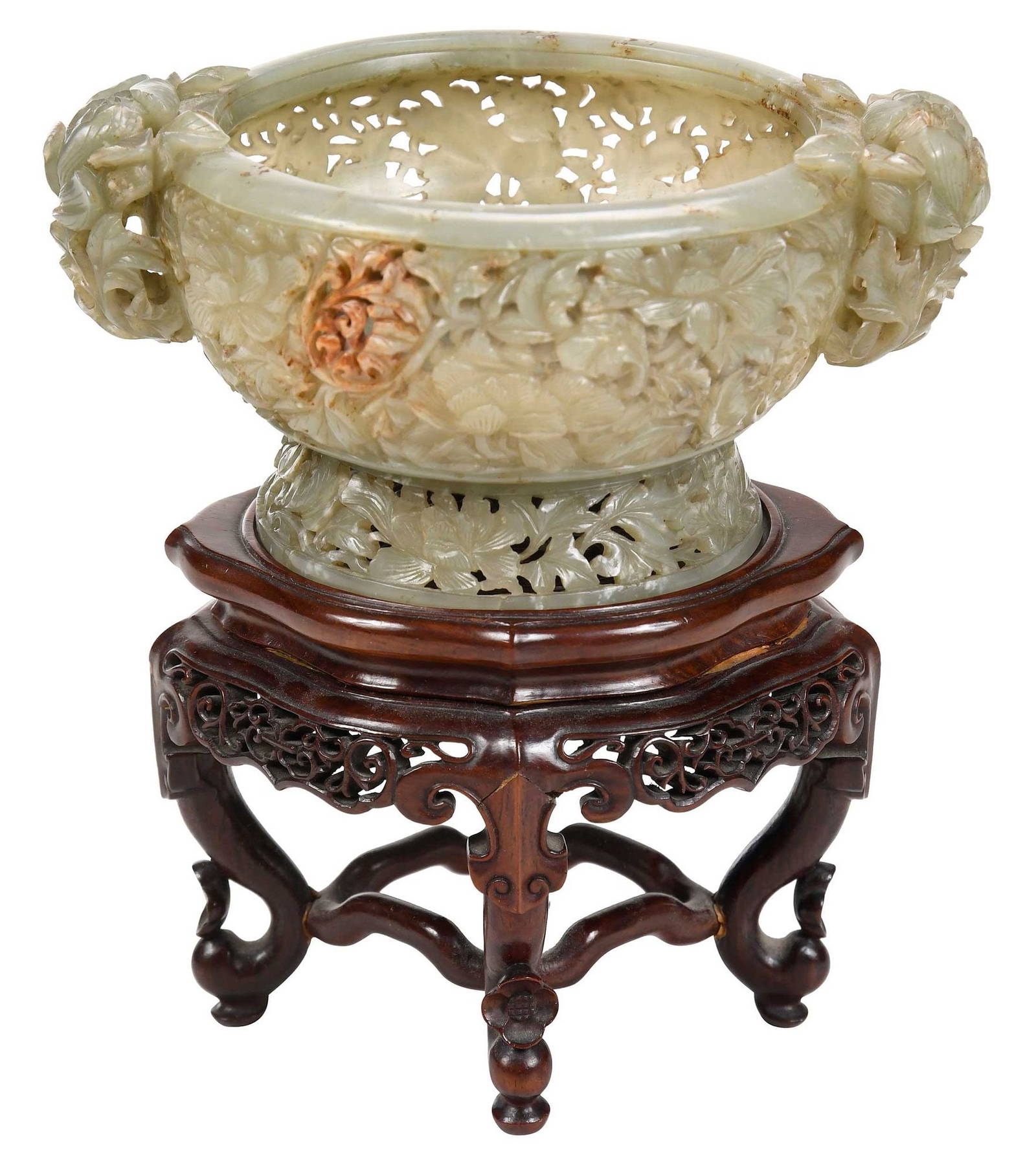 Chinese Openwork Carved Jade Bowl On Stand Auction