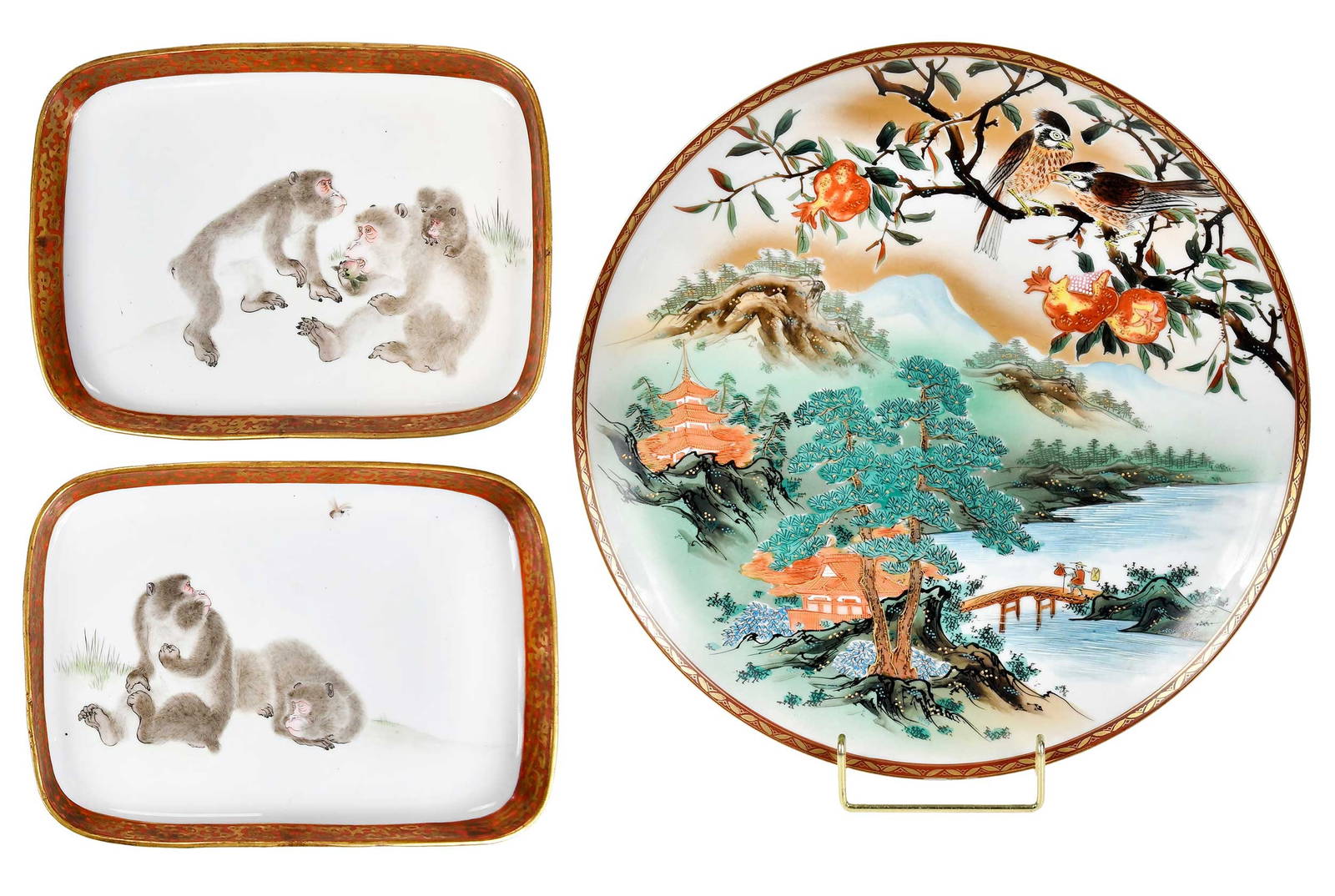 Two Japanese Kutani Porcelain Monkey Plates After Mori Sosen And One ...
