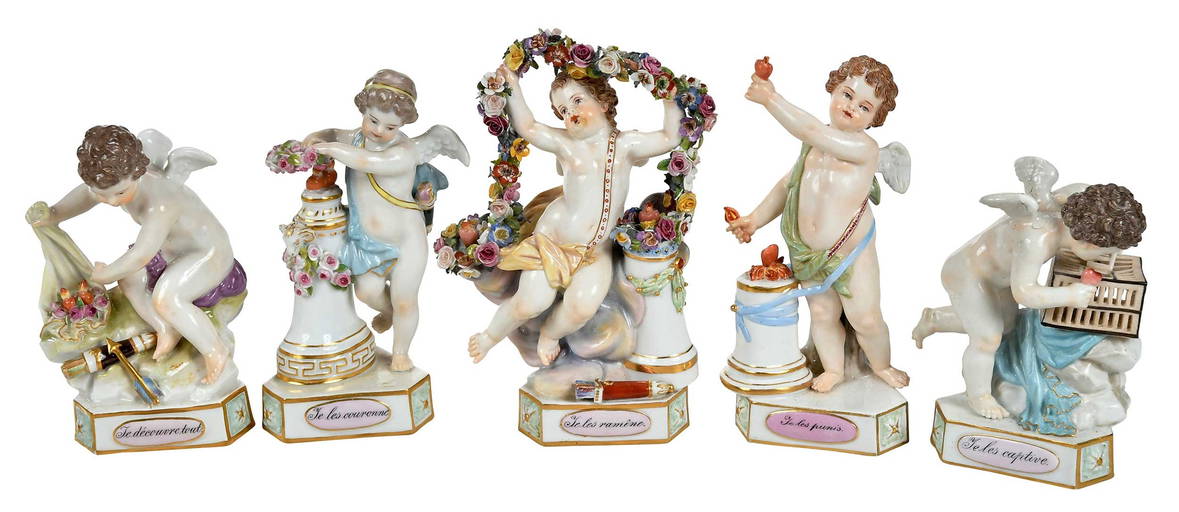 Five Meissen Porcelain Cupid Figural Scenes