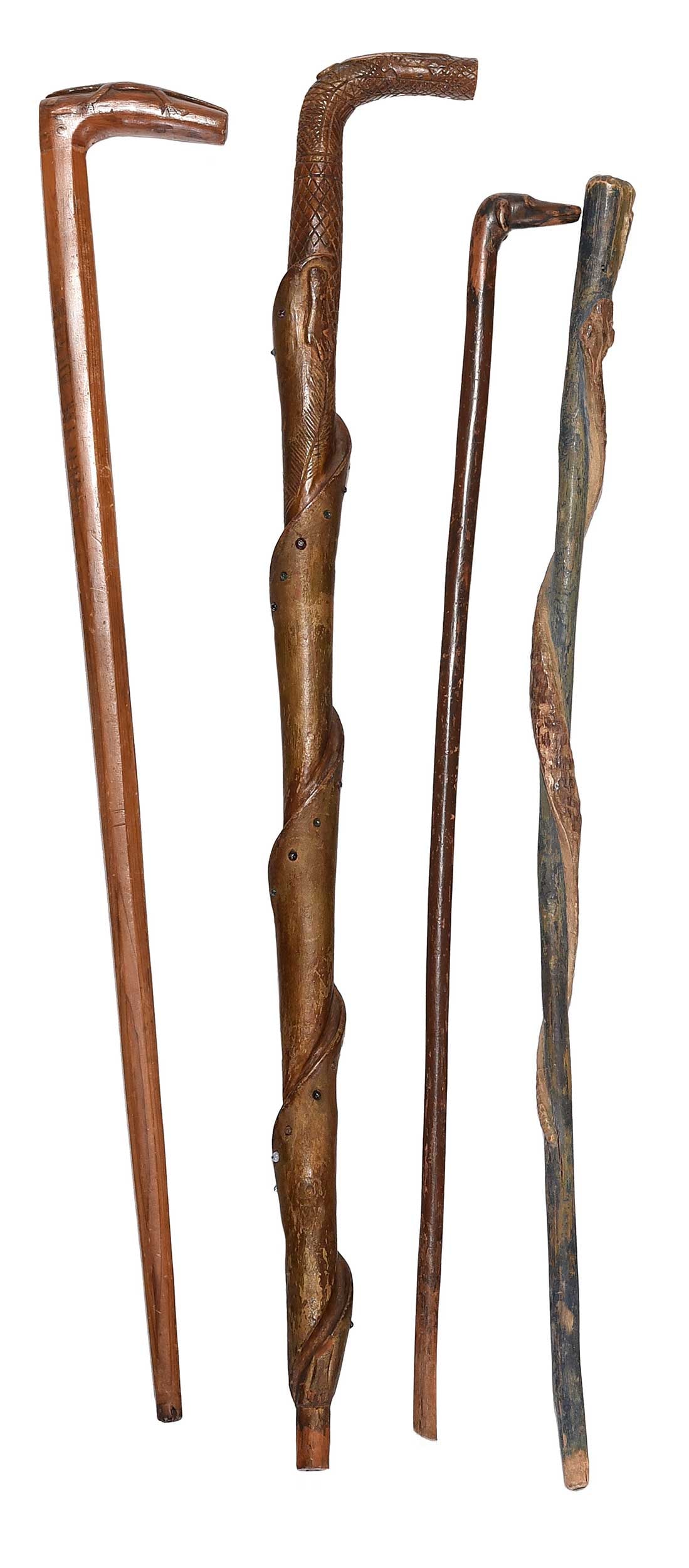Four Assorted Carved Folk Art Canes And Walking Stick, One Kentucky ...