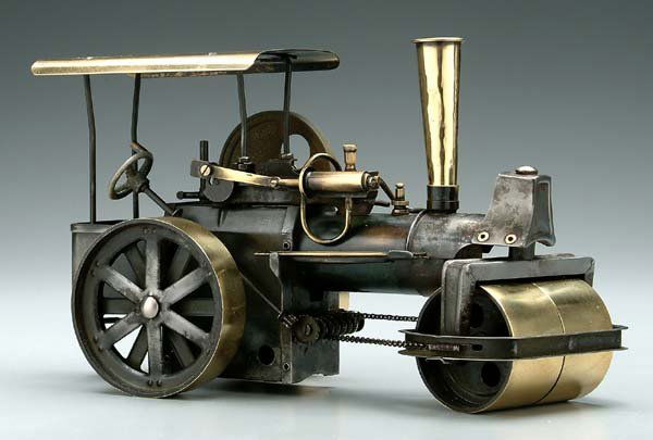 297: Brass and steel live steam model steam roller,