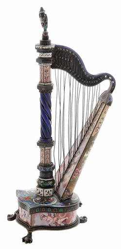 Viennese Enamel Silver Harp Form Clock