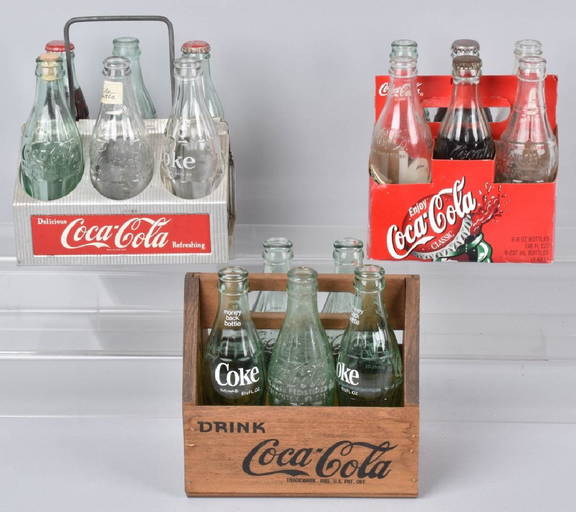 3 Coca Cola Six Pack Carriers And Bottles