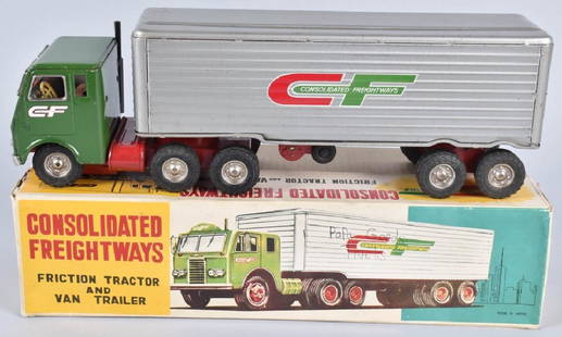 Japan Tin Friction Consolidated Freightways Truck & Trailer W/ Box