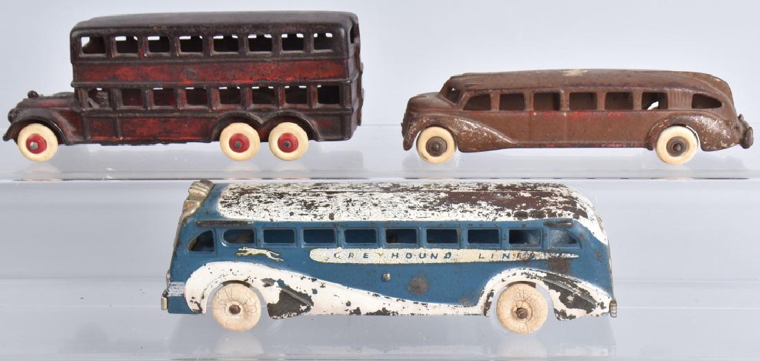 3-CAST IRON TOY BUSES, ARCADE and MORE