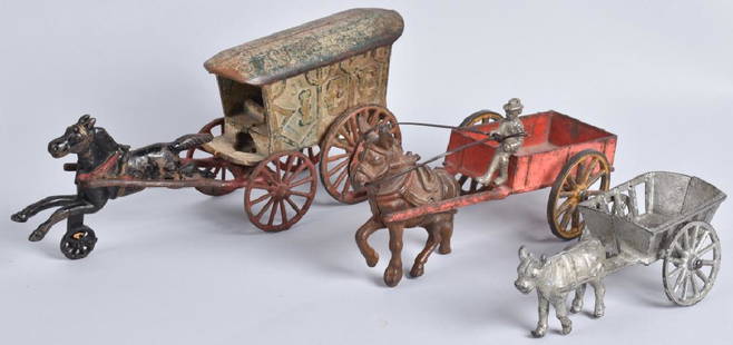 3 Cast Iron Toy Donkey Carts