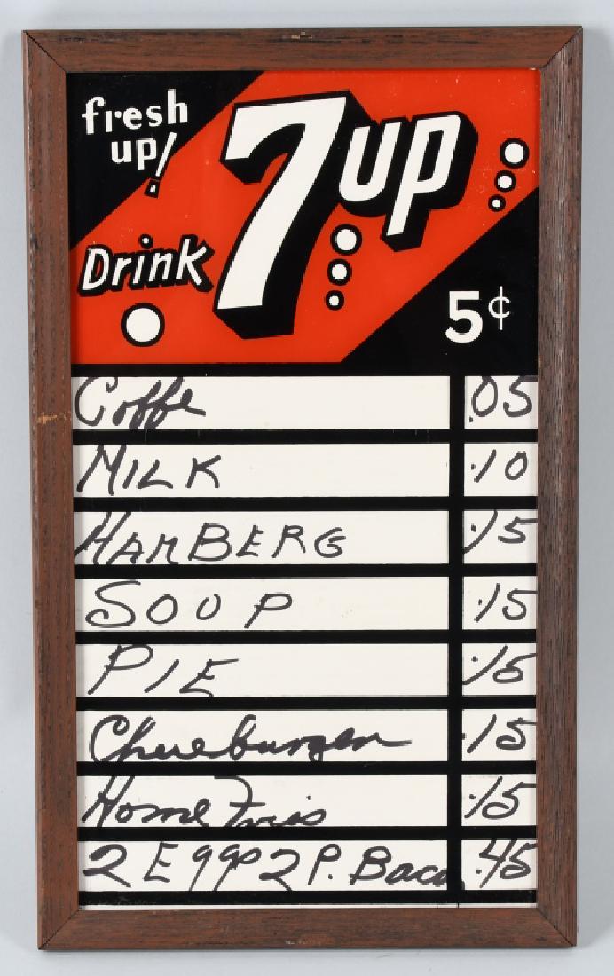 7-UP REVERSE PAINTED GLASS MENU BOARD