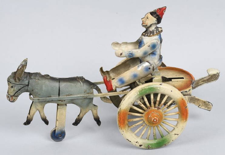 German Tin Windup Clown & Donkey Cart